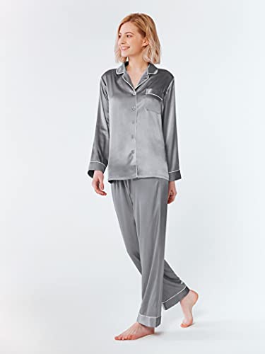SIORO Womens Silk Pajamas Soft Long Satin Sleepwear Ladies Pajama Sets Button Down Loungewear Pyjamas Suit, Grey, L