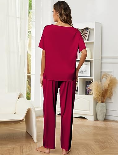 MOYEE Women's Silk Pajama Sets Satin 2 Piece Loungewear Silky Top and Pants with Pockets Wine Red