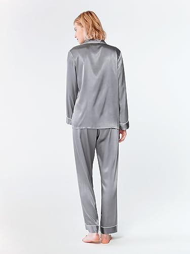 SIORO Womens Silk Pajamas Soft Long Satin Sleepwear Ladies Pajama Sets Button Down Loungewear Pyjamas Suit, Grey, L