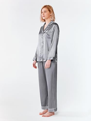 SIORO Womens Silk Pajamas Soft Long Satin Sleepwear Ladies Pajama Sets Button Down Loungewear Pyjamas Suit, Grey, L