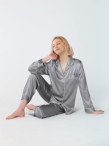 SIORO Womens Silk Pajamas Soft Long Satin Sleepwear Ladies Pajama Sets Button Down Loungewear Pyjamas Suit, Grey, L