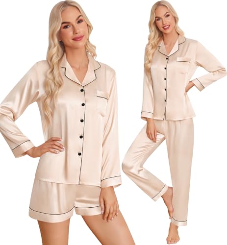 SWOMOG Womens 3 PCS Pajamas Set Silk Satin Long Sleeve Sleepwear Button Down Loungewear Pjs Nightwear Champagne - 3 PCS Small