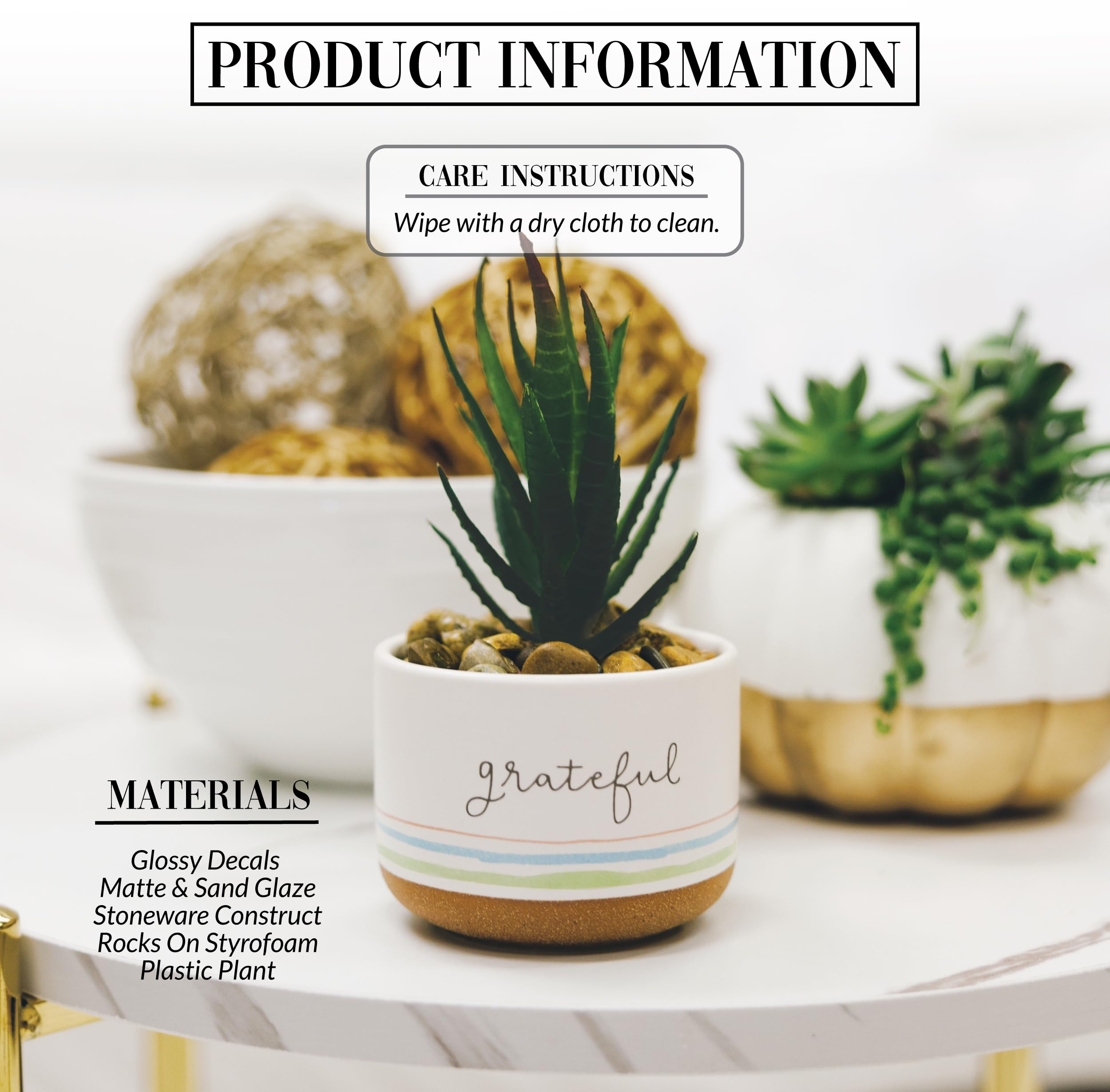 Pavilion Gift Company - Grateful - Artificial Plant with Stones, Mini Fake Aloe Plant, 1 Count (Pack of 1), 3.5β x 3.5β x 6.25β Overall in Size