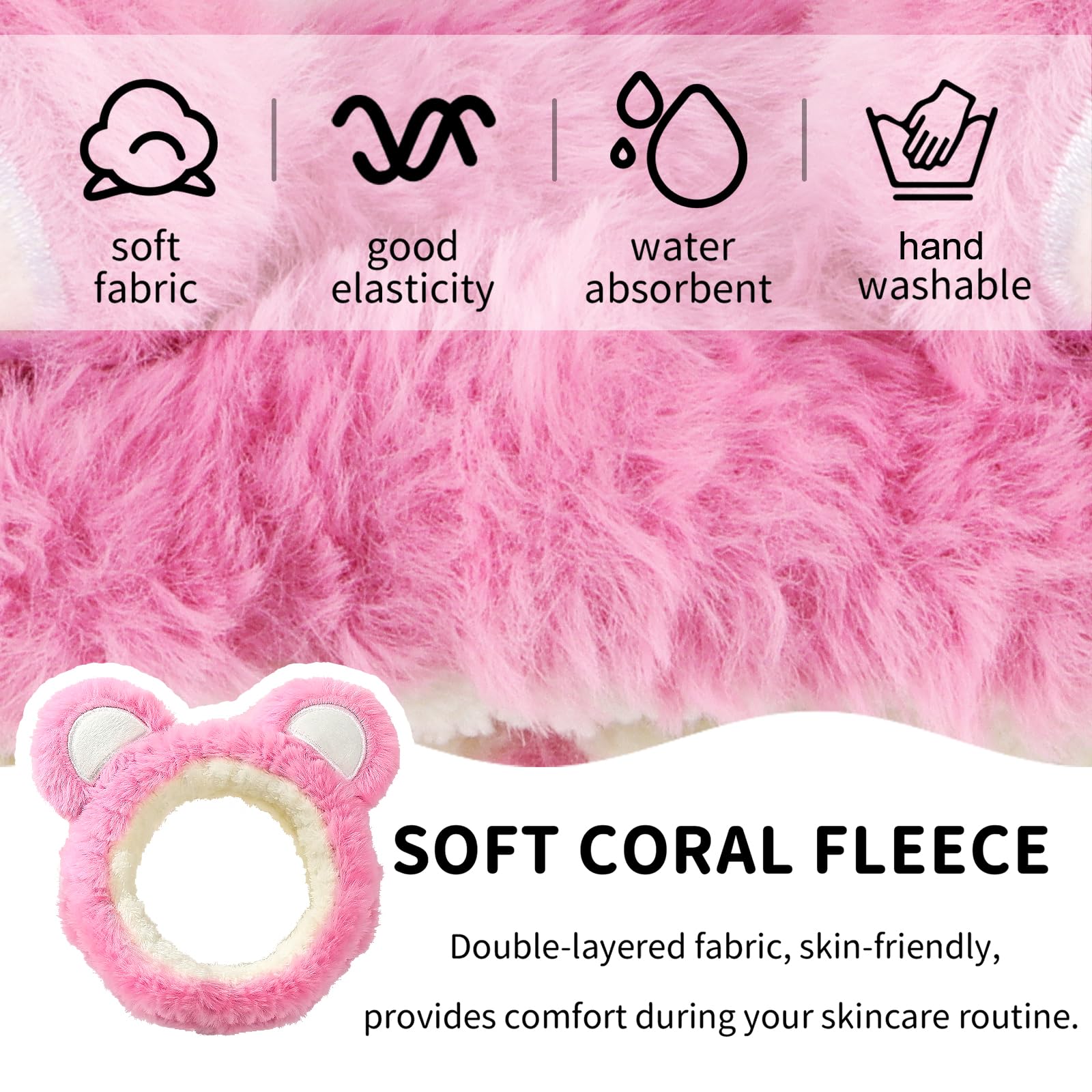 WHAVEL 2PCS Spa Headbands, Cute Bear Ears Makeup Skincare Face Wash Headbands (Pink, Rose)