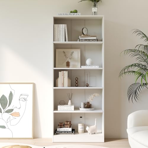 VICLLAX 5-Shelf Wooden Bookcase, 67.3" Height- Adjustable Open Bookshelf for Home Office, White Standing Display Book Shelf
