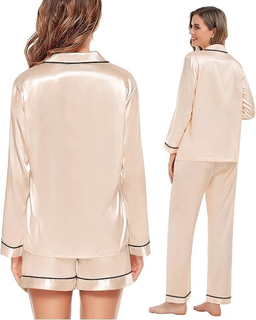 SWOMOG Womens 3 PCS Pajamas Set Silk Satin Long Sleeve Sleepwear Button Down Loungewear Pjs Nightwear Champagne - 3 PCS Small