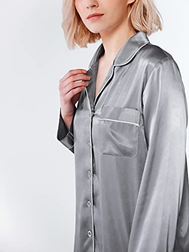 SIORO Womens Silk Pajamas Soft Long Satin Sleepwear Ladies Pajama Sets Button Down Loungewear Pyjamas Suit, Grey, L