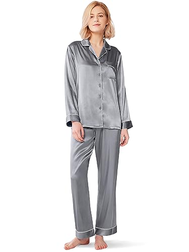 SIORO Womens Silk Pajamas Soft Long Satin Sleepwear Ladies Pajama Sets Button Down Loungewear Pyjamas Suit, Grey, L