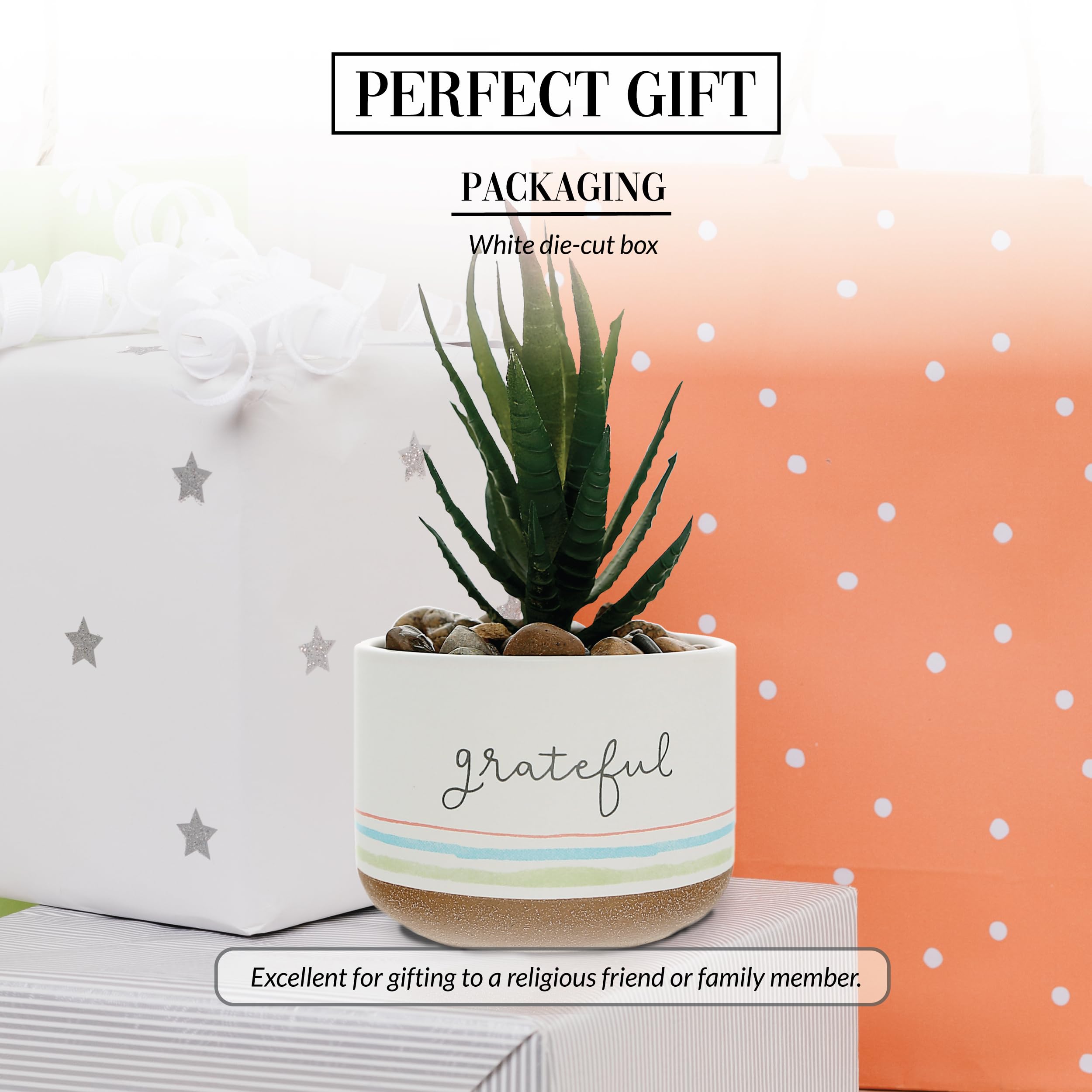 Pavilion Gift Company - Grateful - Artificial Plant with Stones, Mini Fake Aloe Plant, 1 Count (Pack of 1), 3.5β x 3.5β x 6.25β Overall in Size