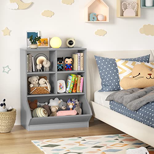 Aheaplus Toy Storage Organizer with Bookcase, 5 Cubby Bookshelf Toy Storage Cabinet, Open Multi-Bins Toys&Books Storage Display Organizer for Playroom, Bedroom, Living Room, Grey