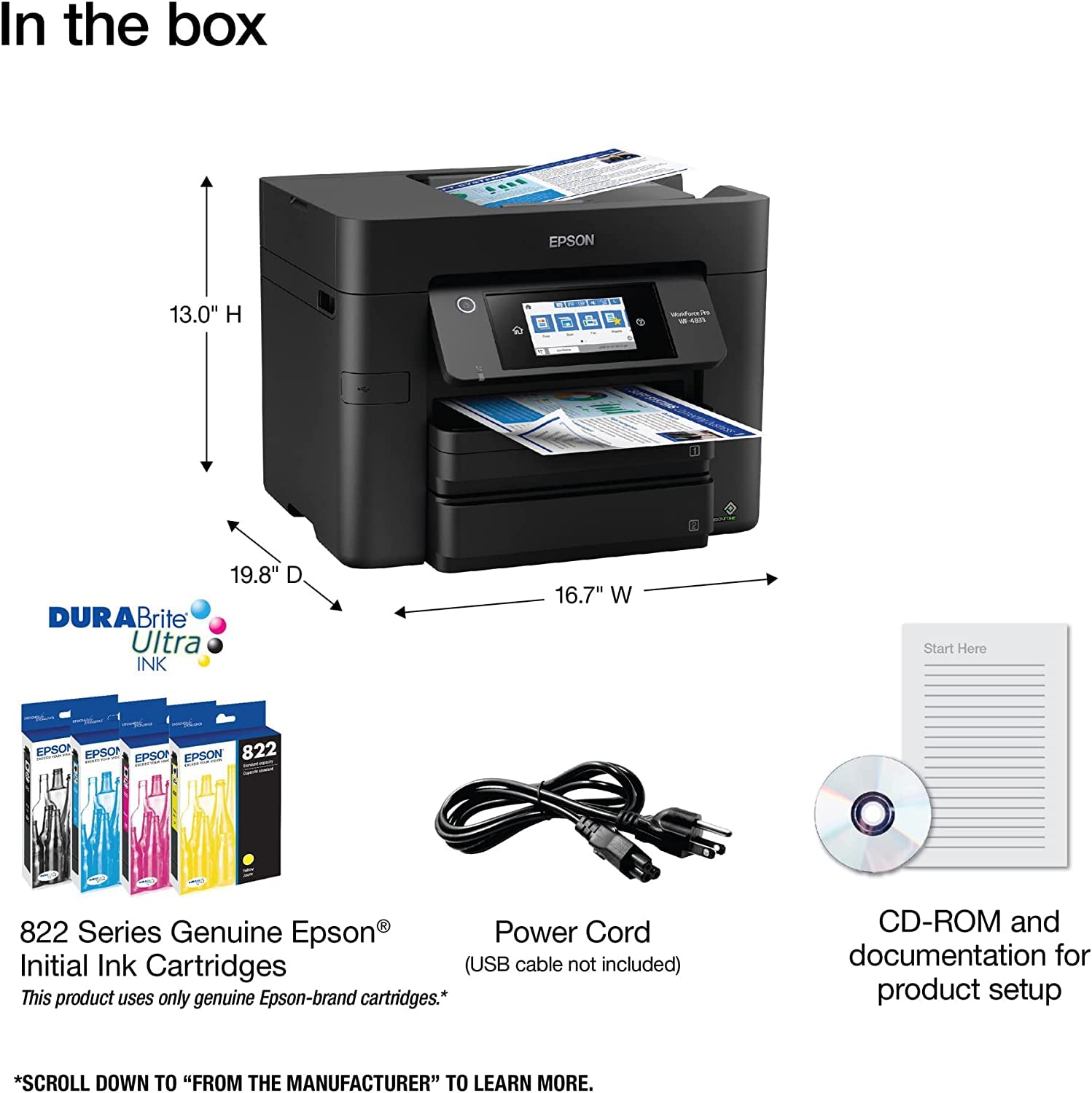 Epson Workforce Pro WF-4833 Wireless Color All-in-One Inkjet Printer, Black - Print Scan Copy Fax - 4.3" Touchscreen LCD, 25 ppm, 4800 x 2400 dpi, Auto 2-Sided Printing, 50-Sheet ADF, USB, Ethernet
