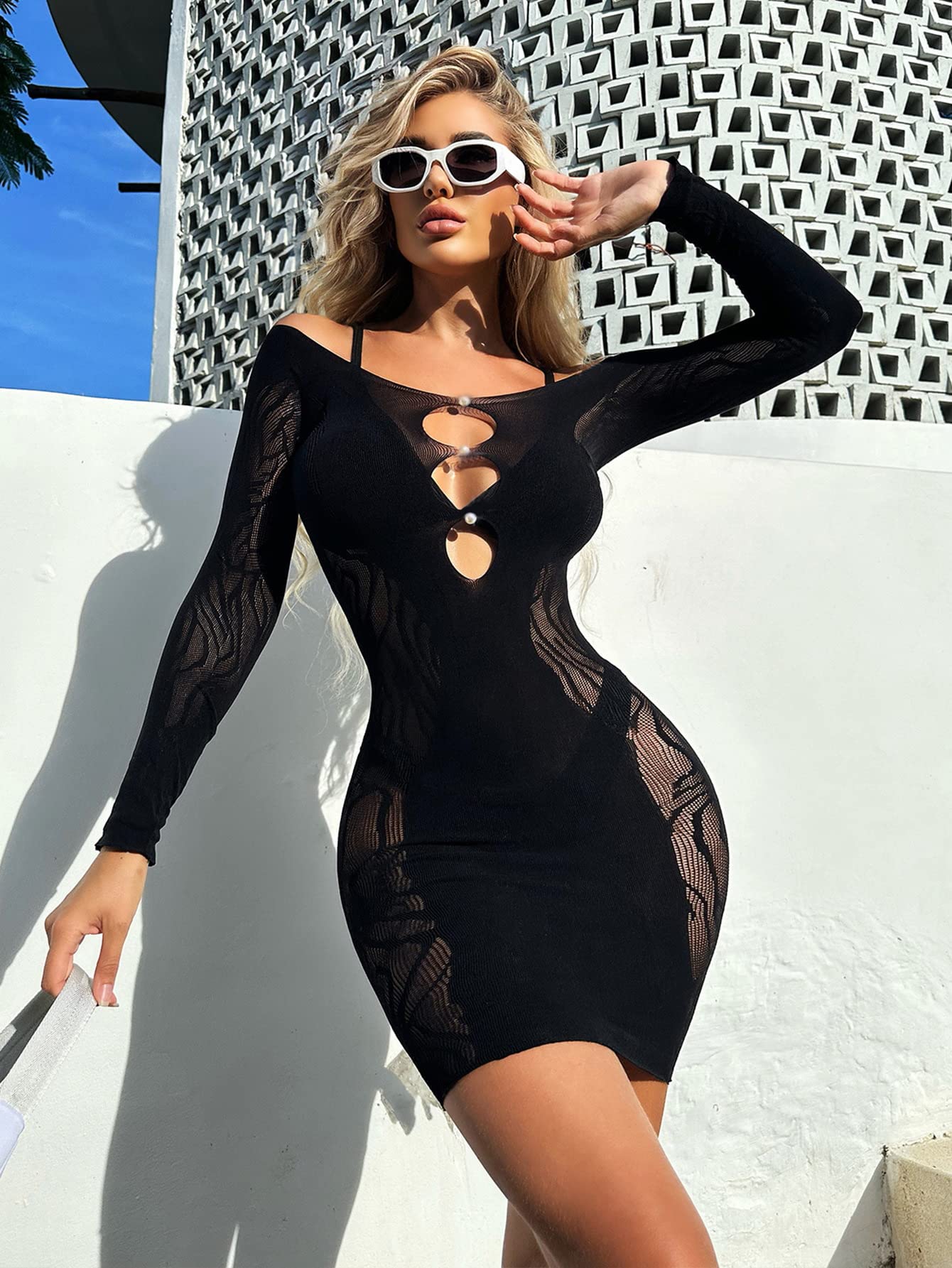 WDIRARA Women's Women's Cut Out Halter Crisscross Sexy Mesh Bodystocking One Piece Lingerie Rhinestone Crochet Black one-Size