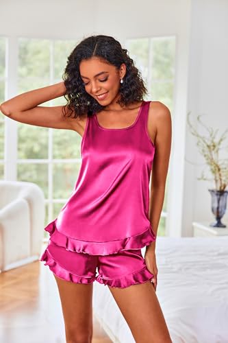 Ekouaer Pink Silk Pajamas Cute Satin Tank Tops with Shorts Set Silky PJS Pink XXL