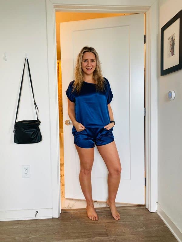 Ekouaer Pajama Set for Women Two Piece Satin Sleepwear Silk Pjs Crewneck Short Sleeve Tops and Shorts(Navy Blue,XX-Large)