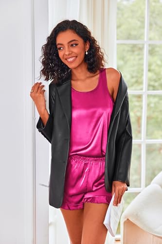 Ekouaer Pink Silk Pajamas Cute Satin Tank Tops with Shorts Set Silky PJS Pink XXL