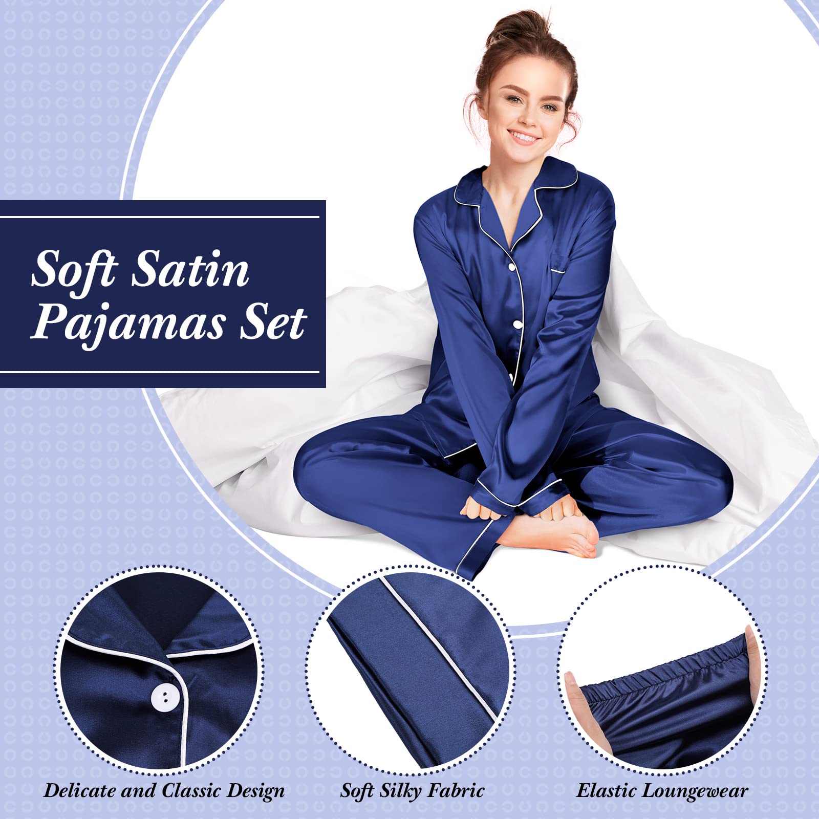 Unittype Women Silk Pajama Set Long Sleeve Silk Sleepwear Satin 2 Pcs Classic Button Down Pajamas for Bride Wedding Party (Blue,M)