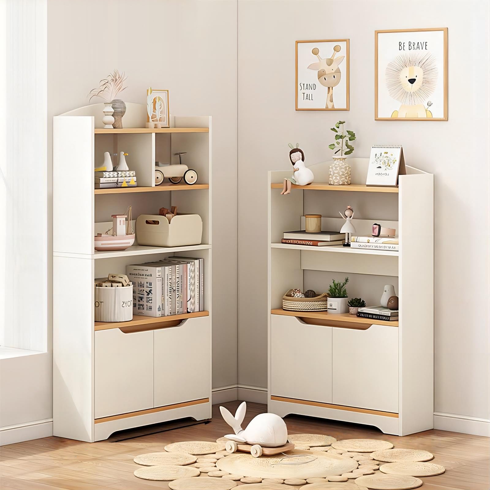 IOTXY Wooden Shelf Bookcase with Doors - 5-Tier Bookshelf with Storage Cabinet, Free Standing Display Rack, for Home Office, Living Room, Bedroom, White