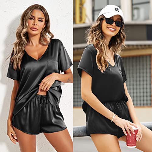 Ekouaer Womens Silk Pajamas Set Satin Sleepwear Short Sleeve Pjs Two Piece Sleep Set (Black,M)