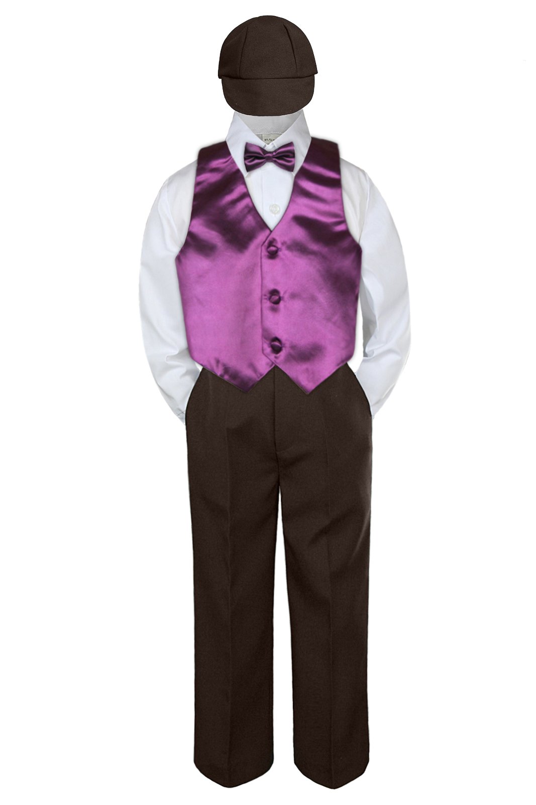 5pc Baby Toddler Boys Eggplant Vest Bow Tie Brown Pants Hat Suit Outfits S-7 (3T)