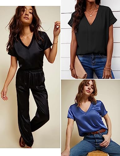 Ekouaer Womens Silk Pajamas Set Satin Sleepwear Short Sleeve Pjs Two Piece Sleep Set (Black,M)