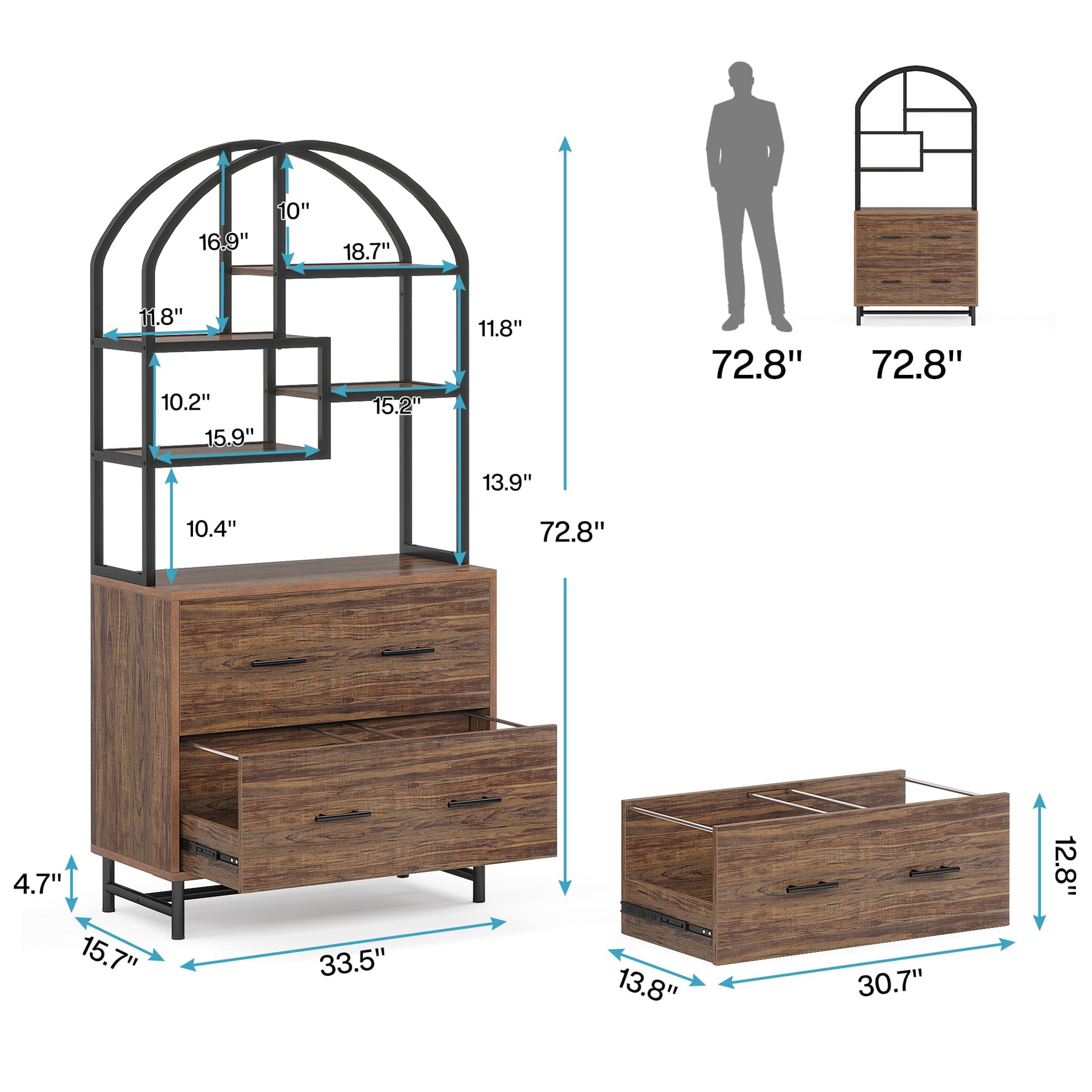 Tribesigns 4-Tier Bookshelf with 2 Drawers, Industrial Open Book Shelf Arched Bookcase, 70.8" Tall Storage Shelves Display Rack with LED Light and Metal Frame for Living Room (1, Grey)