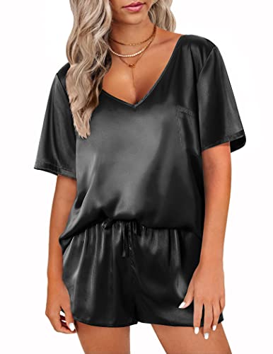 Ekouaer Womens Silk Pajamas Set Satin Sleepwear Short Sleeve Pjs Two Piece Sleep Set (Black,M)