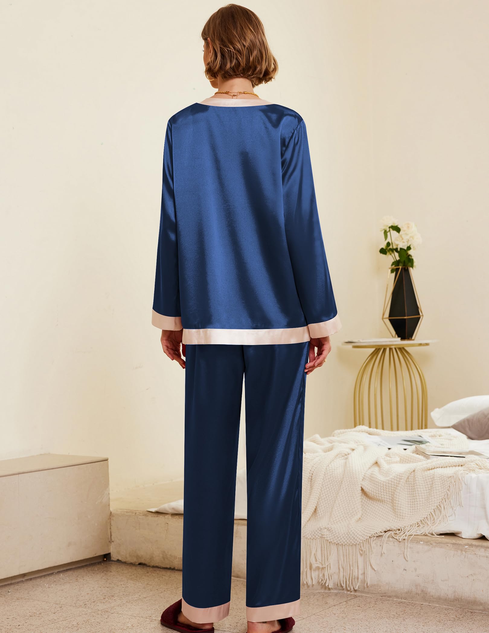 Ekouaer 2 Piece Pajama Set for Women Silk Pajama Pants Sets Long Sleeve Pjs Oversized Sleepwear,Navy Blue,L