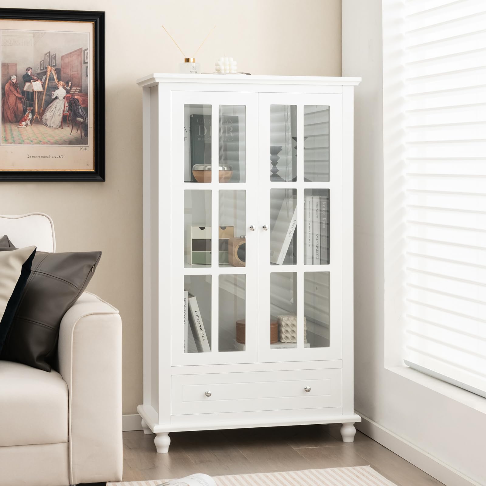 Giantex 55" White Bookcase with Doors and Drawer, Tall Wooden Bookshelf Organizer with Adjustable Shelves, Freestanding Glass Display Storage Cabinet for Living Room Bedroom Kitchen Pantry