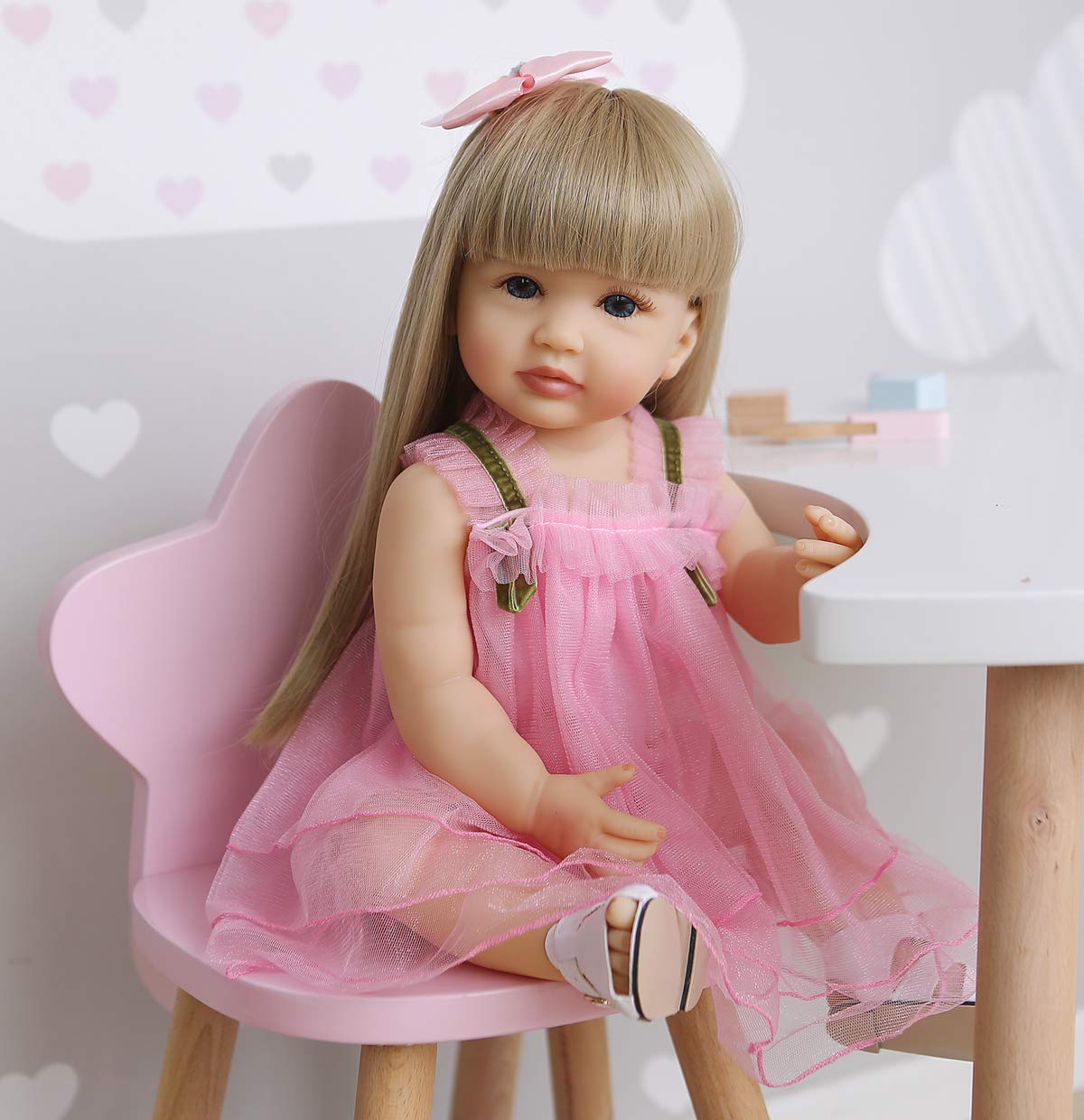 RXDOLL Reborn Baby Dolls Full Body Silicone Vinyl Girl 22 inch 55 cm Realistic Lifelike Toddlers Newborn Baby Doll Waterproof with Blond Long Hair Pink Dress for Girls Birthday