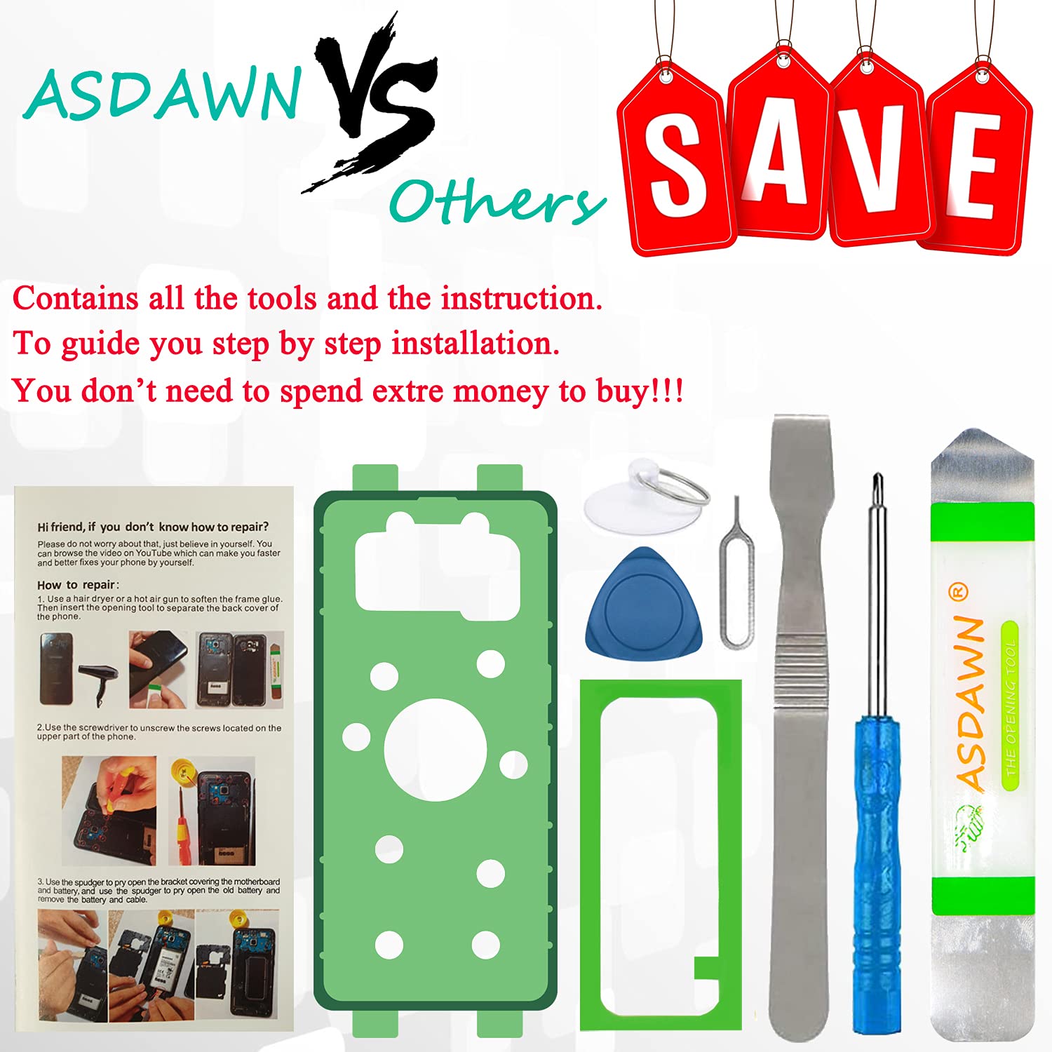 ASDAWN EB-BG935ABE Battery for Samsung Galaxy S7 Edge, Galaxy S7 Edge SM-G935 G935A/T/P/V with Back Cover Adhesive+Battery Adhesive+Tools+Installation Instruction(Back Glass Not Included)