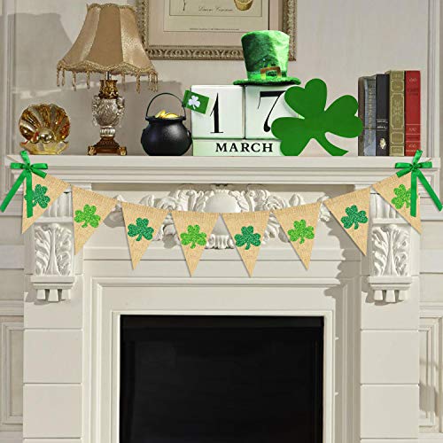 Glitter Shamrock Garland Banner Burlap | Rustic St. Patrick's Day Shamrock Garland | St. Patrick's Day Decorations | Shamrock Clover Garland Banner | Irish Lucky Day Home Outdoor Hanging Decor