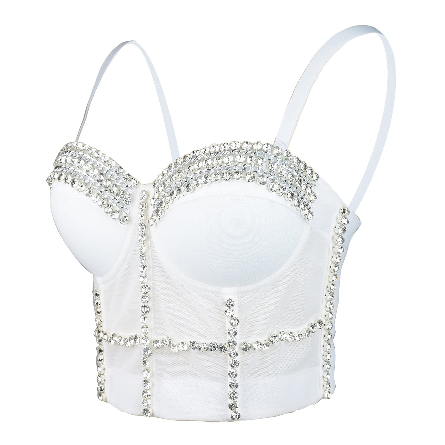 ELLACCI Women's Diamond Chain Mesh Bustier Crop Top Push Up Corset Top Bralet White Medium