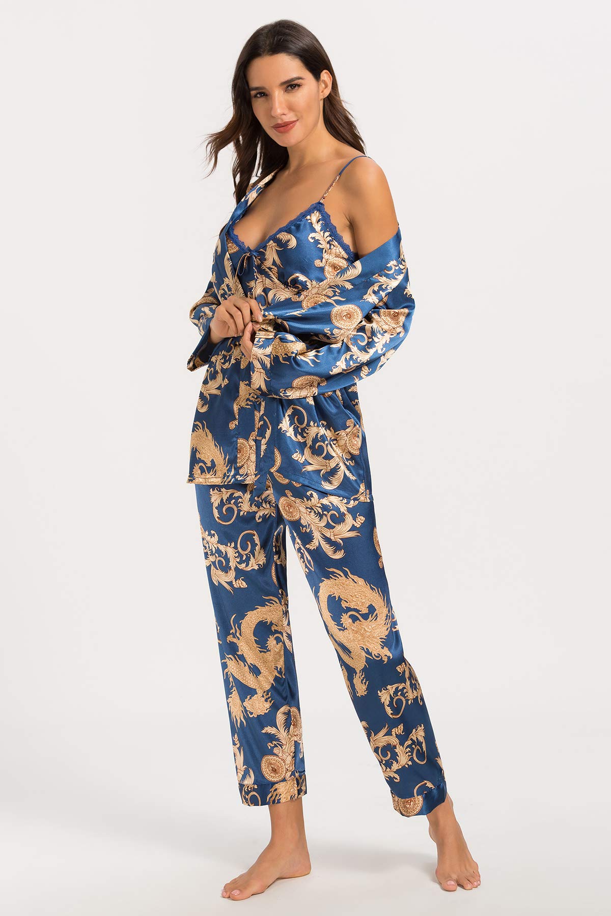 Escalier Women's Silk Satin Pajamas Set 3 Pcs Floral Silky Pj Sets Sleepwear Cami Nightwear with Robe and Pants Navy M