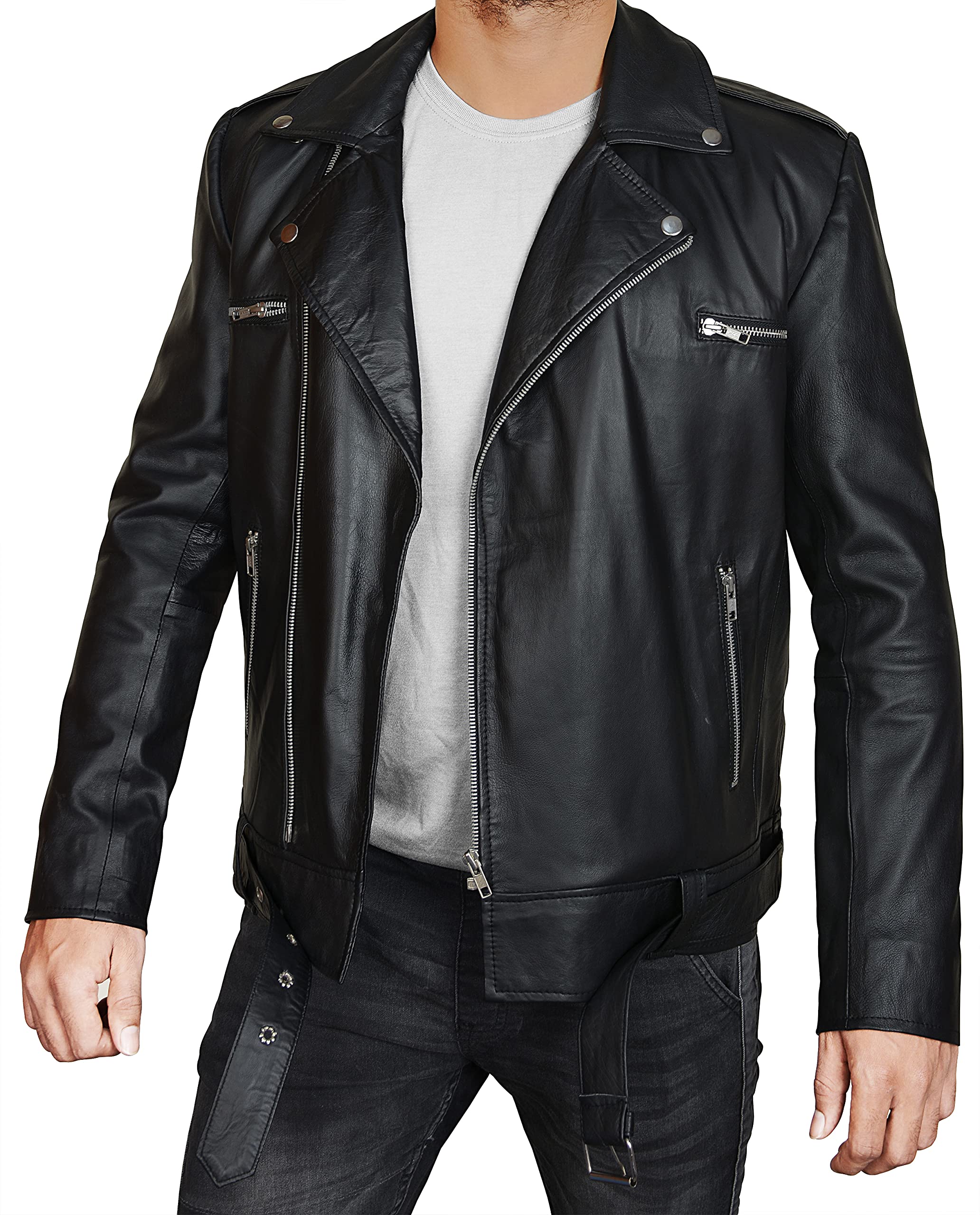 Prime-Fashion Men's Negan Walking S7 Black Brando Jeffrey Dean Morgan Motorcycle Slim Fit Genuine Leather Biker Jacket