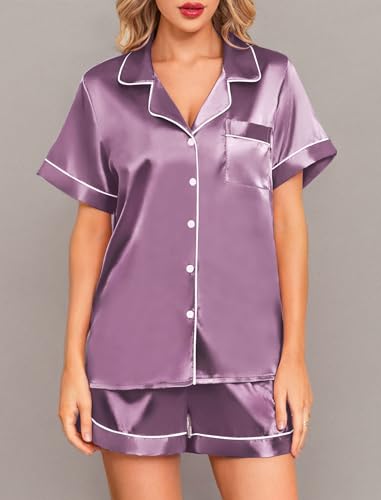 Women's Silk Satin Pajamas Set Short Sleeve Sleepwear Two Piece Button Down Pj Set with Pockets Violet