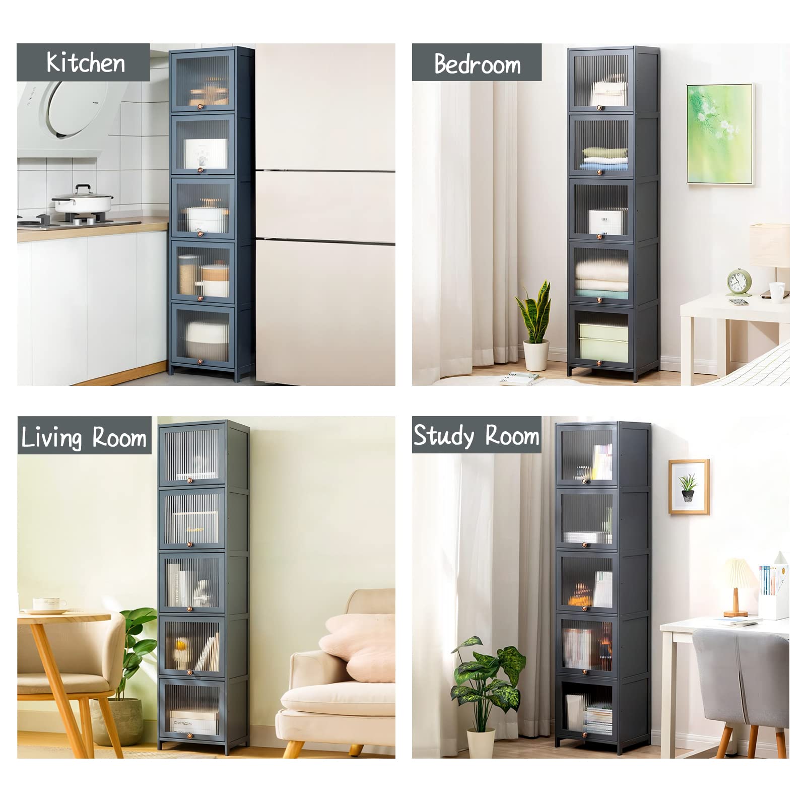 IOTXY Small Narrow Shelf Bookcase - 5-Tier Bamboo Corner Bookshelf with Moru Acrylic Doors, Freestanding Tall Skinny Storage Organizer Rack, for Living Room, Kitchen, Bedroom, Gray, 15.7" W