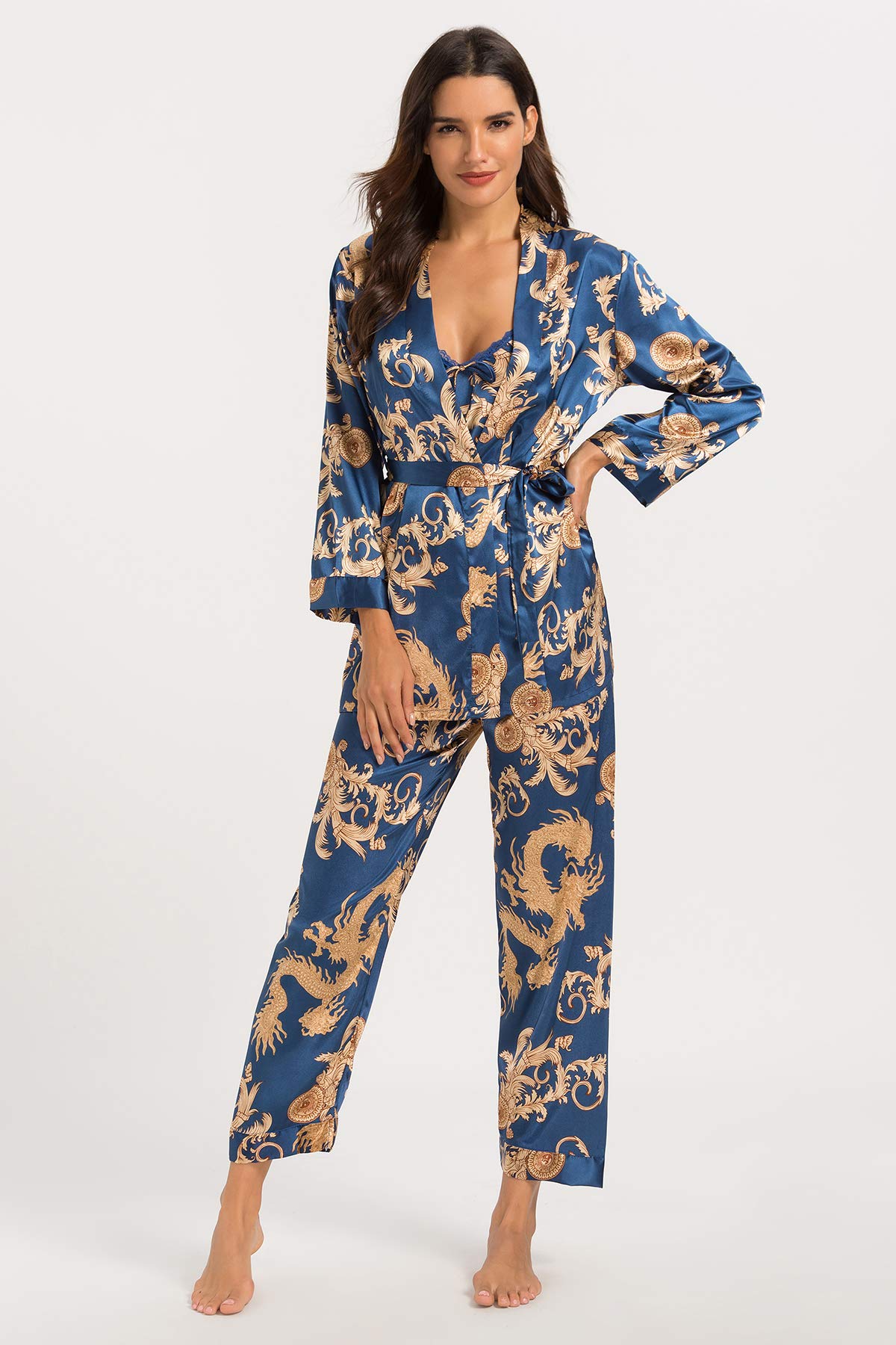 Escalier Women's Silk Satin Pajamas Set 3 Pcs Floral Silky Pj Sets Sleepwear Cami Nightwear with Robe and Pants Navy M
