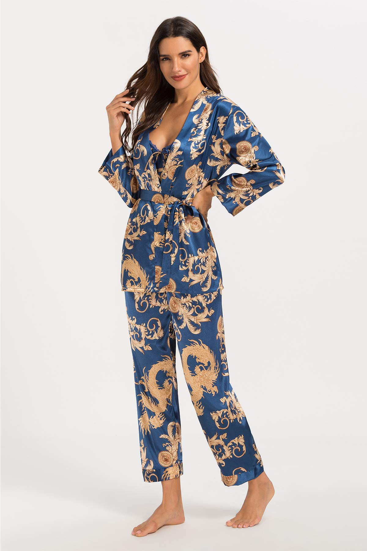 Escalier Women's Silk Satin Pajamas Set 3 Pcs Floral Silky Pj Sets Sleepwear Cami Nightwear with Robe and Pants Navy M