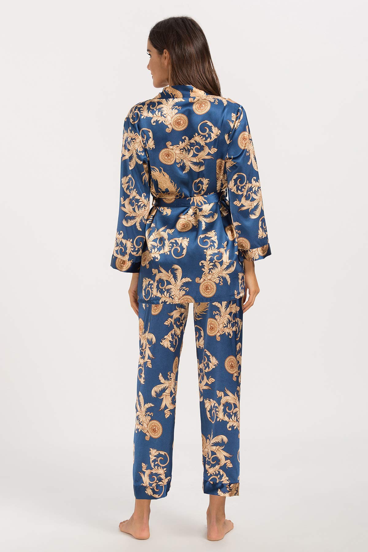Escalier Women's Silk Satin Pajamas Set 3 Pcs Floral Silky Pj Sets Sleepwear Cami Nightwear with Robe and Pants Navy M