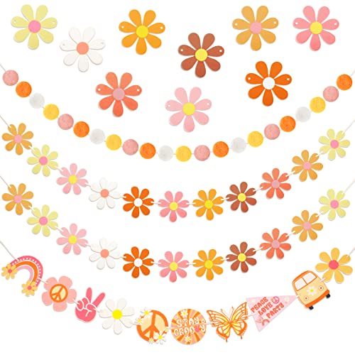 Tegeme 4 Pcs Felt Ball Garland Groovy Party Banner and Daisy Boho Sets with 6.5 Feet Colorful Pom Hippie Decorations Spring Supplies for Wall Home (Bright Style)