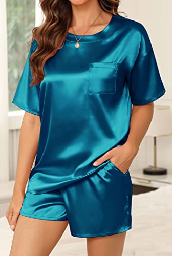 Senert Satin Pajamas for Women Short Sleeve Silk Pajama Sets Soft Sleepwear Top With Loose Causal Pj Shorts Peacock Blue,Small