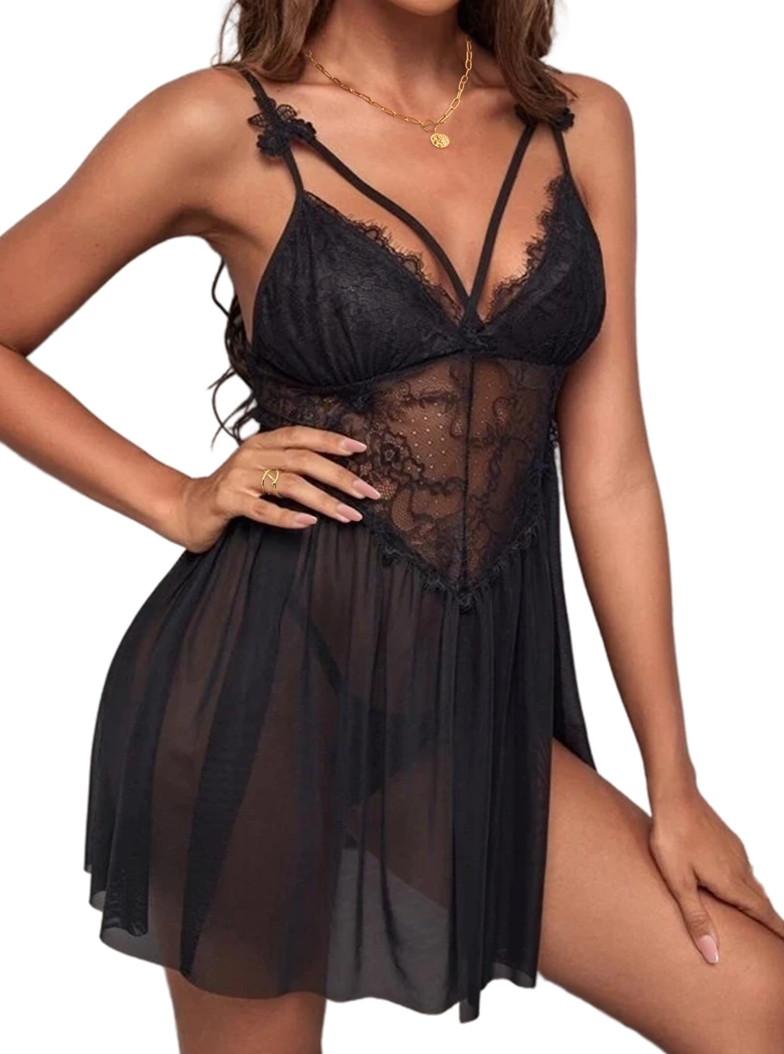 Hilinker Women's Floral Lace V Neck Lingerie Sleeveless Side Slit Nightwear Babydoll Chemise Sleepwear Black E Medium