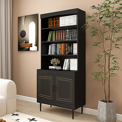 QEIUZON 6-Shelf Bookcase, Bookshelves Floor Standing Display Storage Shelves Bookcase Home Decor Furniture for Home Office, Living Room (Black)