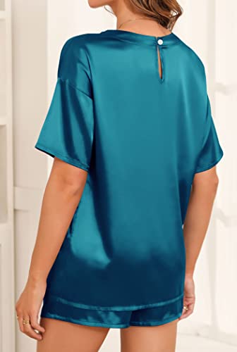Senert Satin Pajamas for Women Short Sleeve Silk Pajama Sets Soft Sleepwear Top With Loose Causal Pj Shorts Peacock Blue,Small