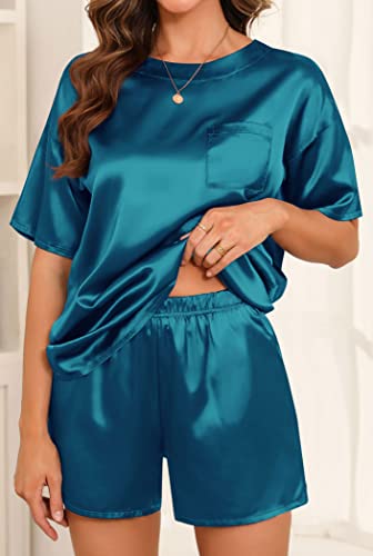 Senert Satin Pajamas for Women Short Sleeve Silk Pajama Sets Soft Sleepwear Top With Loose Causal Pj Shorts Peacock Blue,Small