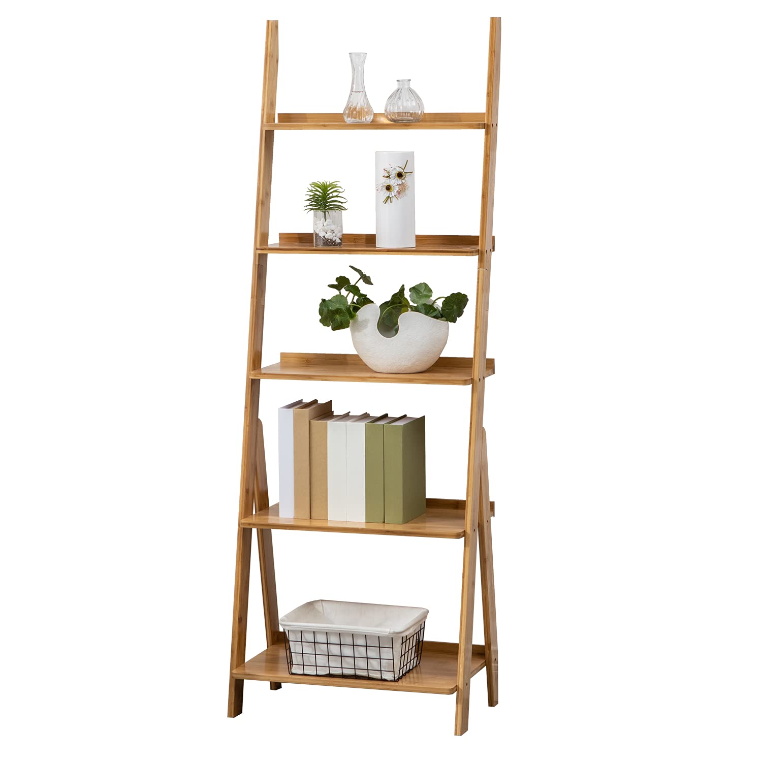 SOBIBO Ladder Shelf, 5-Tier Leaning Shelf, Free Standing Organizer Storage Shelves, Storage Rack Shelf for Office, Living Room, Nature