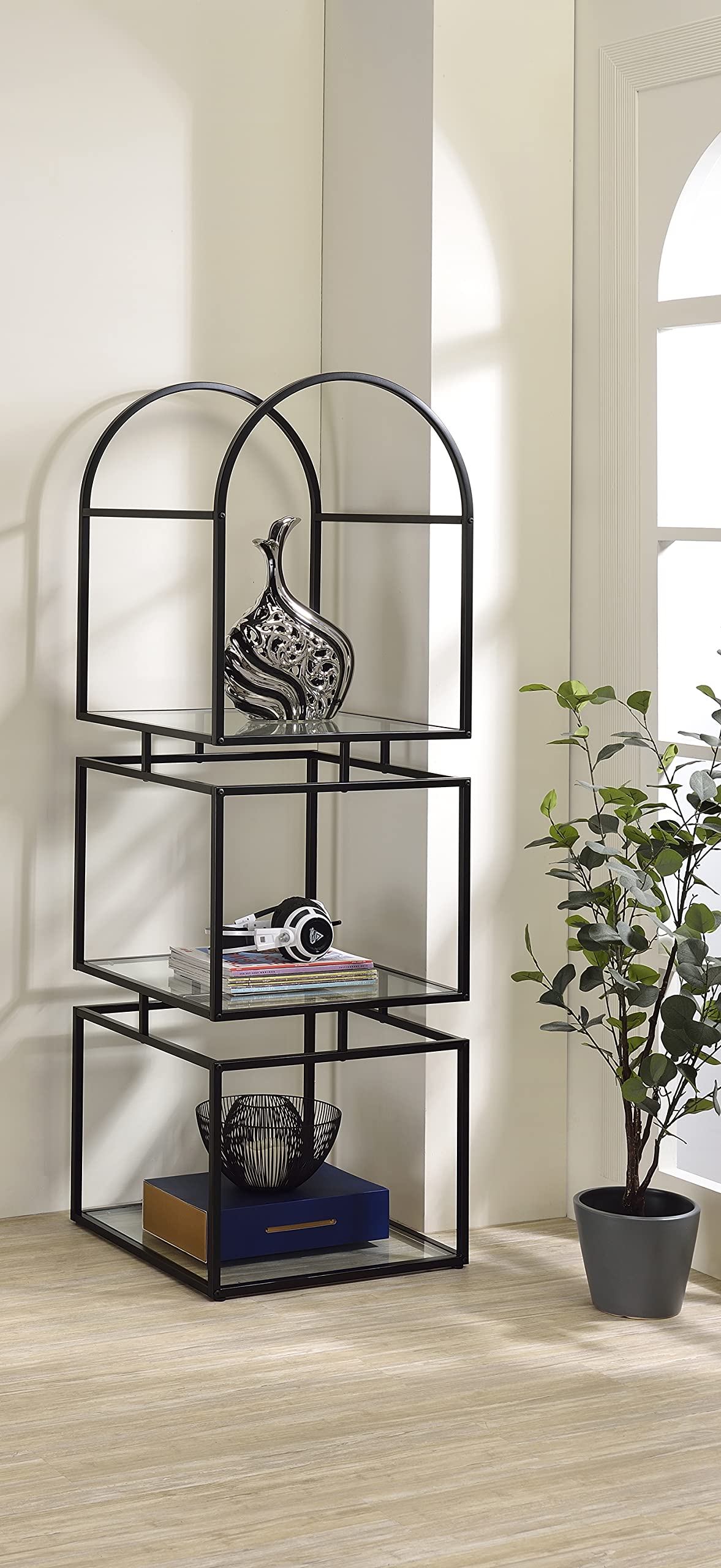 PayLessHere 3-Tier Open Bookshelf, Bookcase Storage Shelves with Arched top Metal Frame and Glass Bookshelves form Home Office Living Room,Black