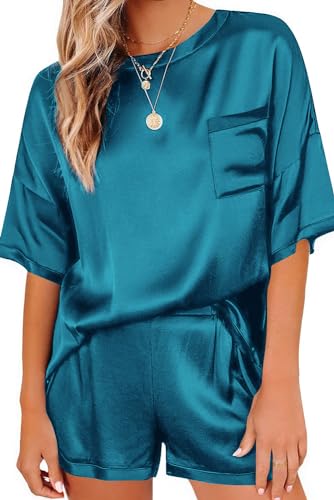 Senert Satin Pajamas for Women Short Sleeve Silk Pajama Sets Soft Sleepwear Top With Loose Causal Pj Shorts Peacock Blue,Small