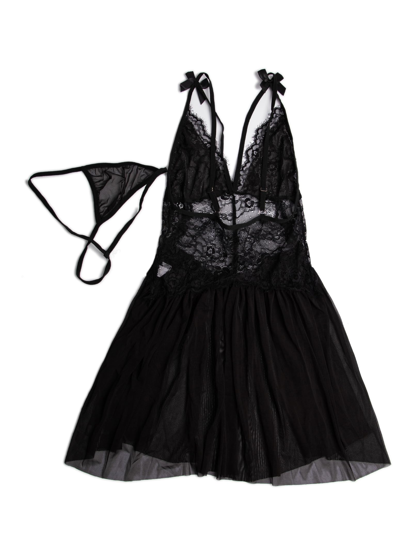 Hilinker Women's Floral Lace V Neck Lingerie Sleeveless Side Slit Nightwear Babydoll Chemise Sleepwear Black E Medium