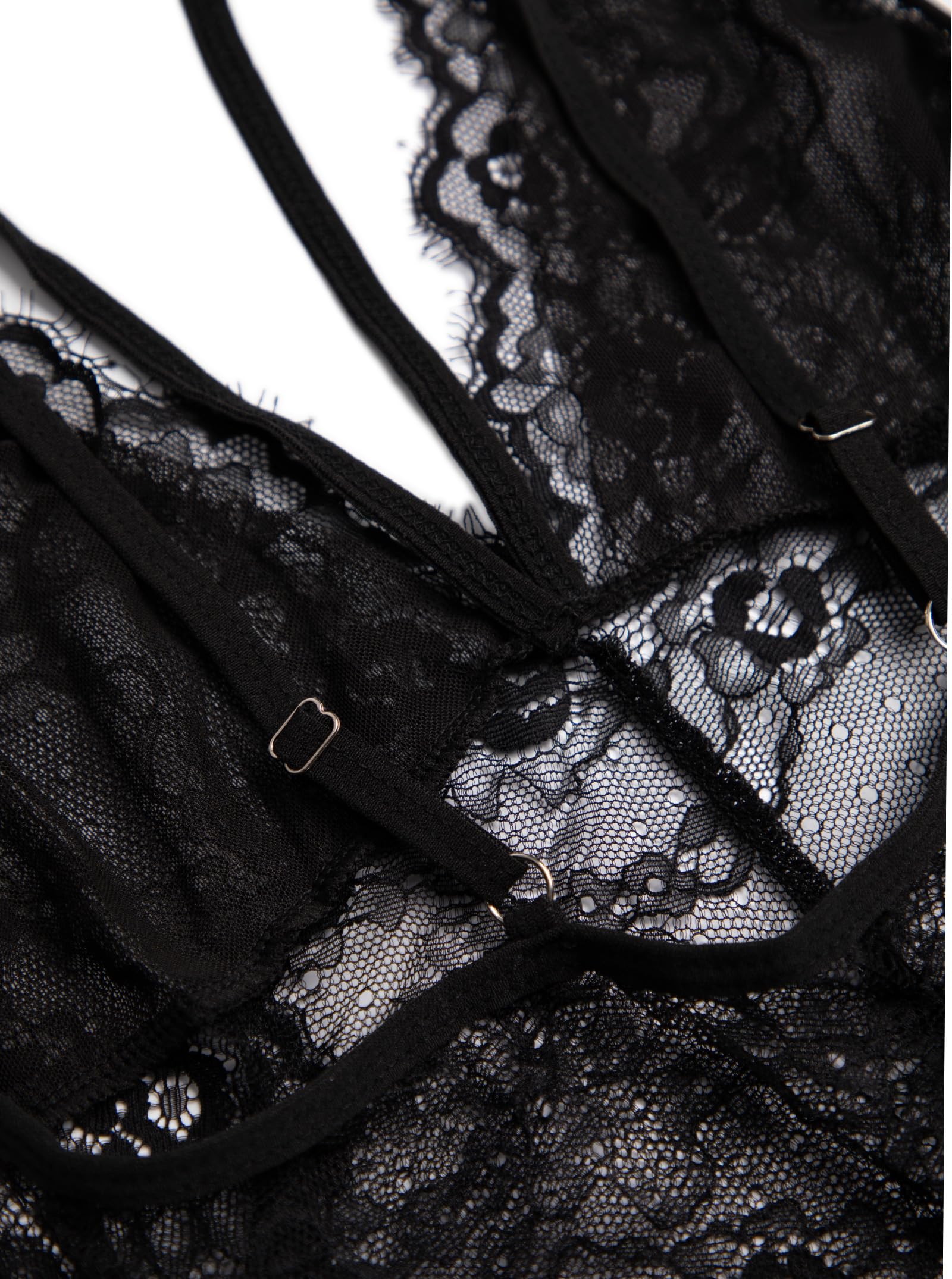 Hilinker Women's Floral Lace V Neck Lingerie Sleeveless Side Slit Nightwear Babydoll Chemise Sleepwear Black E Medium